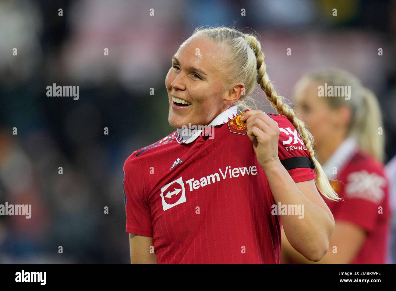 Maria Thorisdottir #3 of Manchester United hold the United Badge as she ...