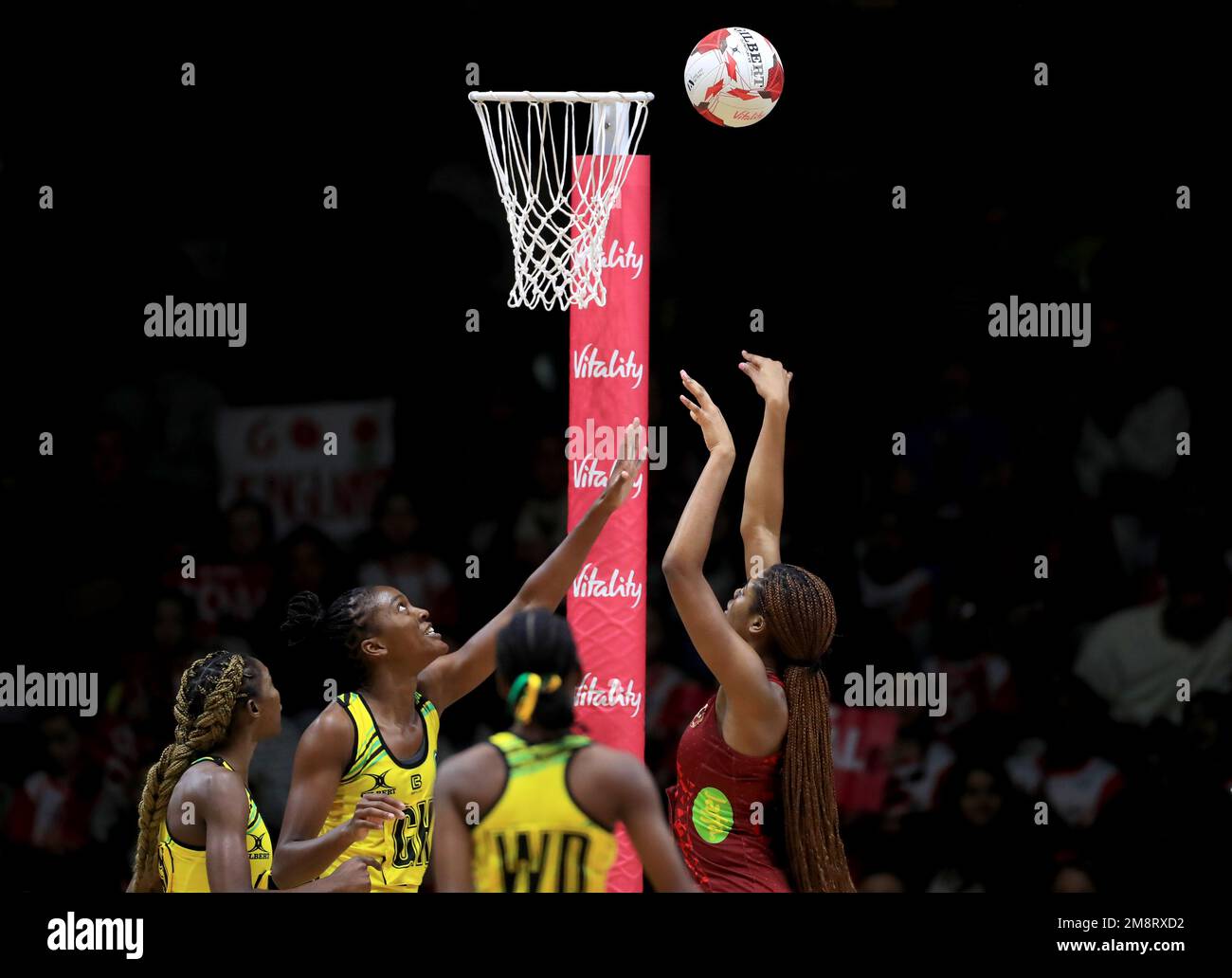 England’s Olivia Tchine scores during the Vitality Netball ...