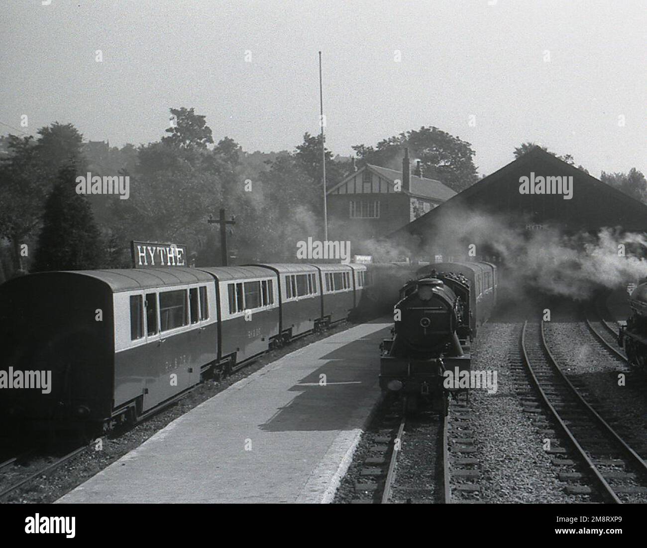 A train departing from Hythe Station on the Romney Hythe & Dymchurch ...