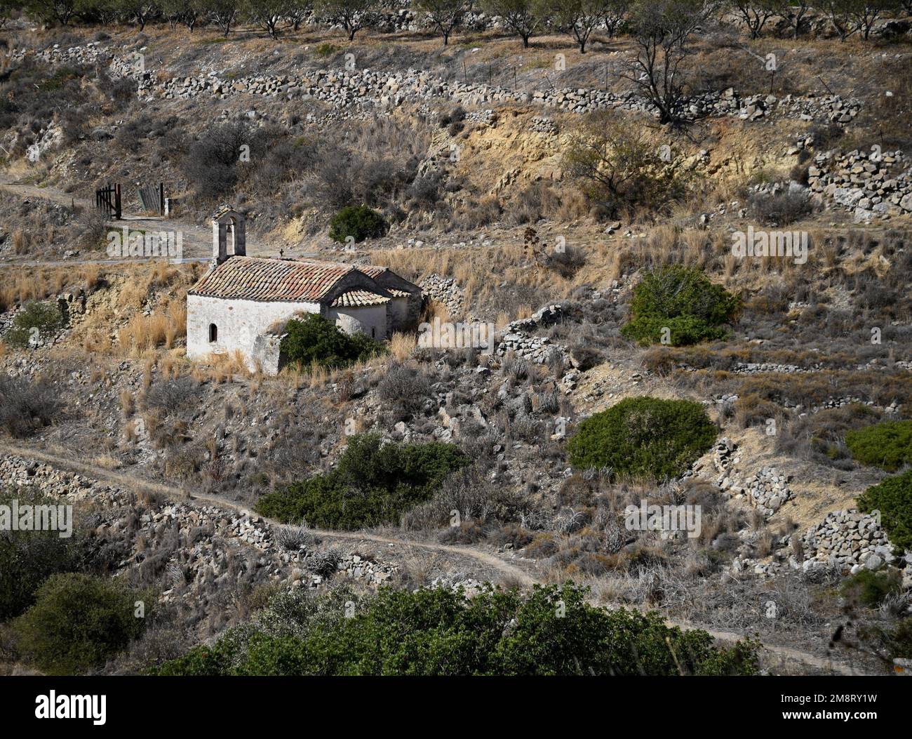 Landscape with scenic view of an ancient Byzantine church and historic ...