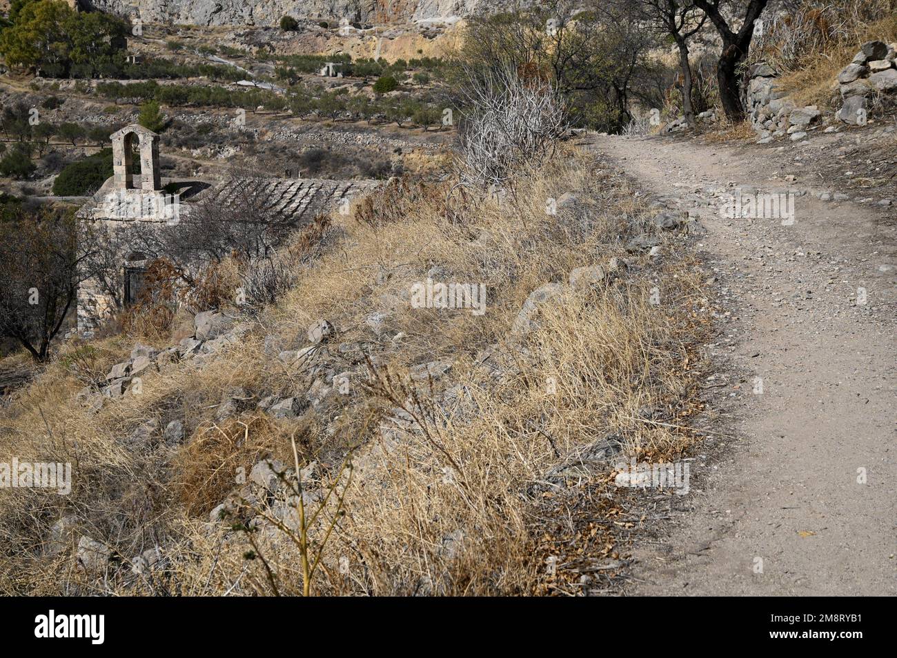 Landscape with scenic view of an ancient Byzantine church and historic ...