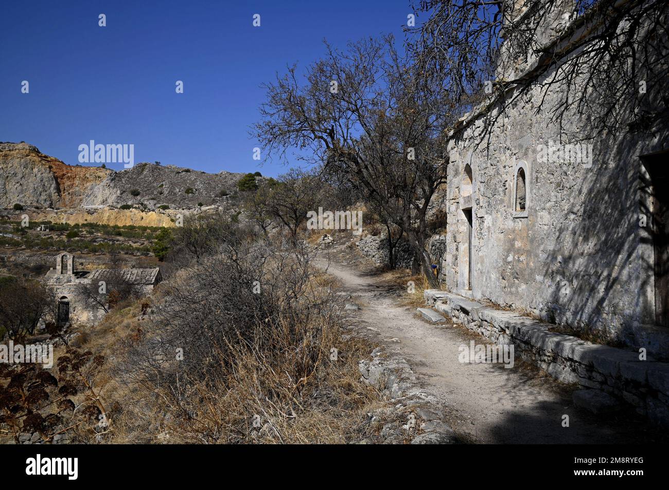Landscape with scenic view of an ancient Byzantine church and historic ...