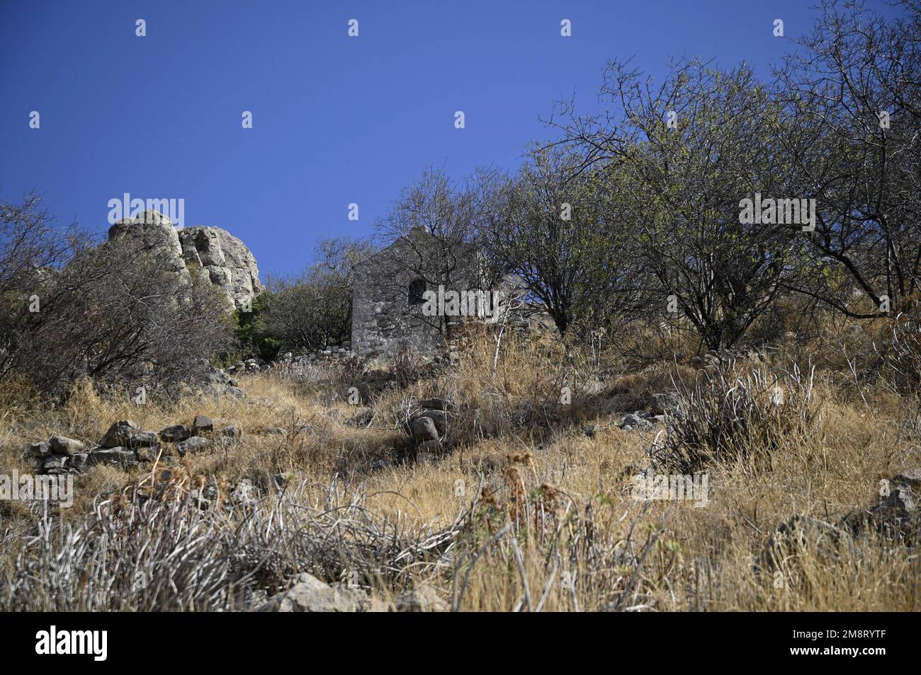 Landscape with scenic view of an ancient Byzantine church and historic ...