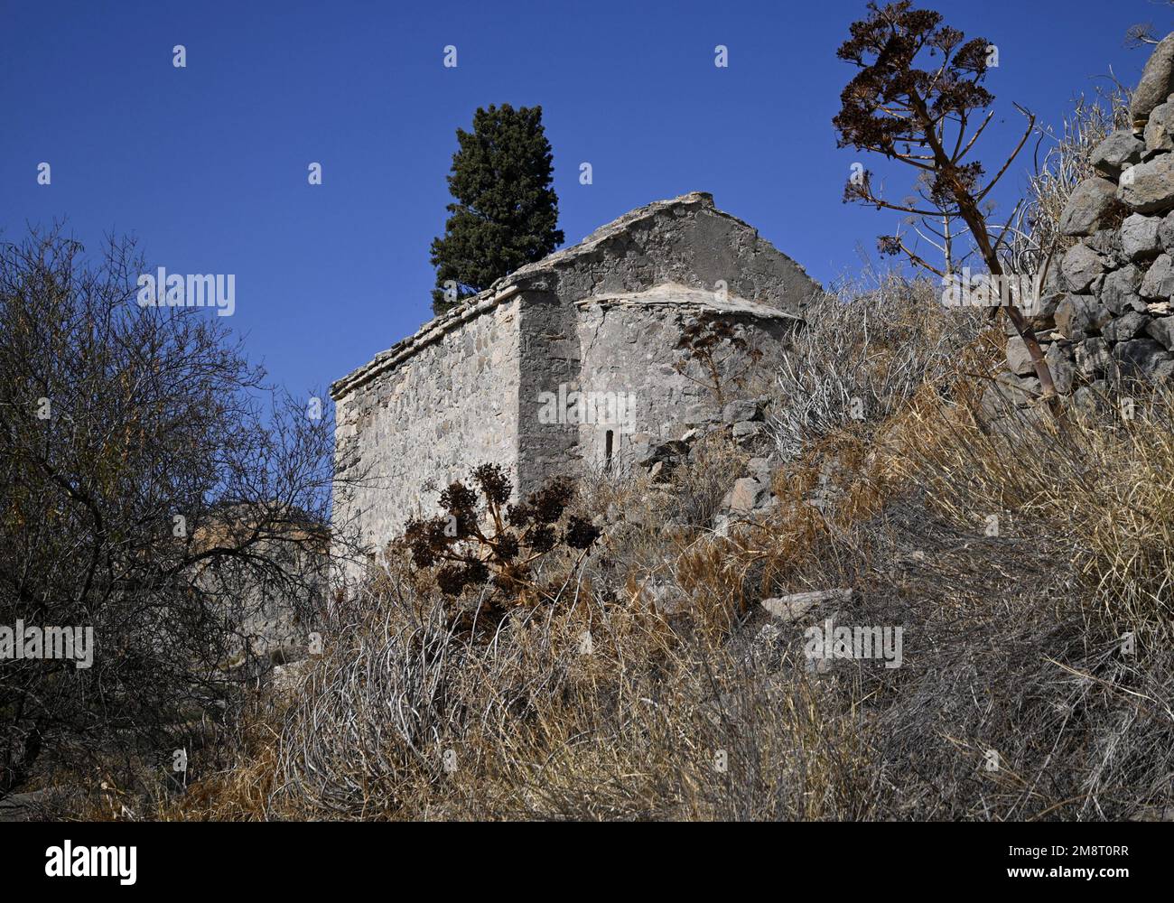 Landscape with scenic view of an ancient Byzantine church and historic ...