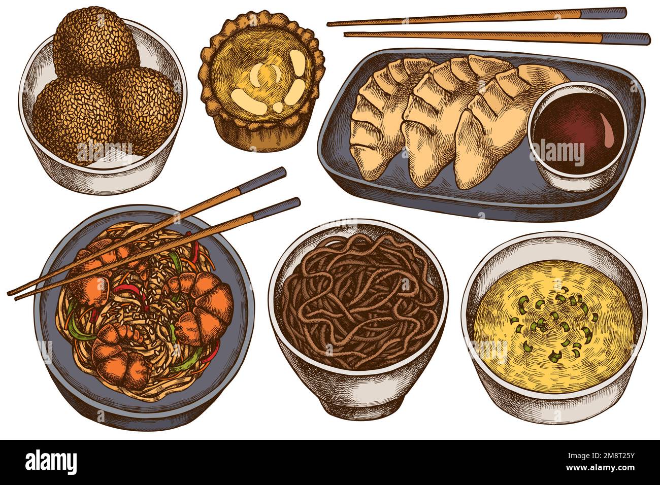 Asian food hand drawn vector illustrations collection. Colored jiaozi ...