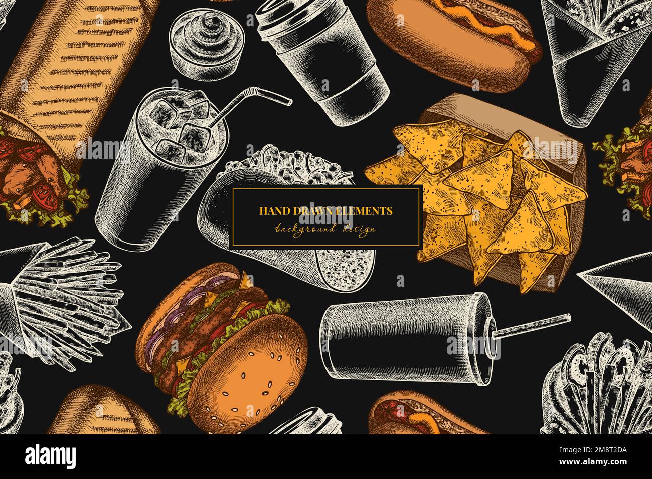Street food seamless pattern background design. Engraved style. Hand ...