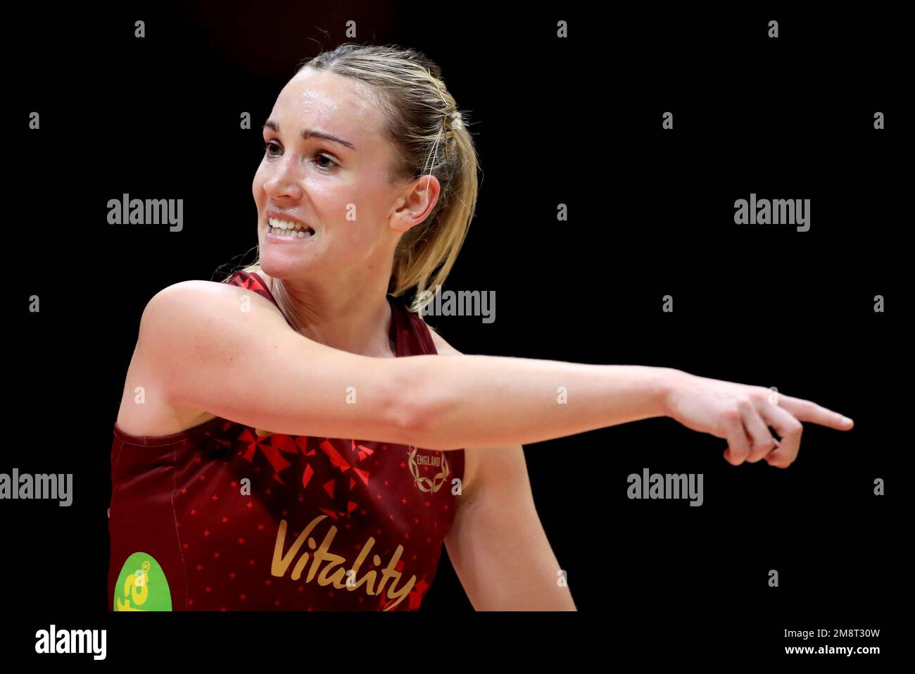 England’s Natalie Metcalf gestures during the Vitality Netball ...