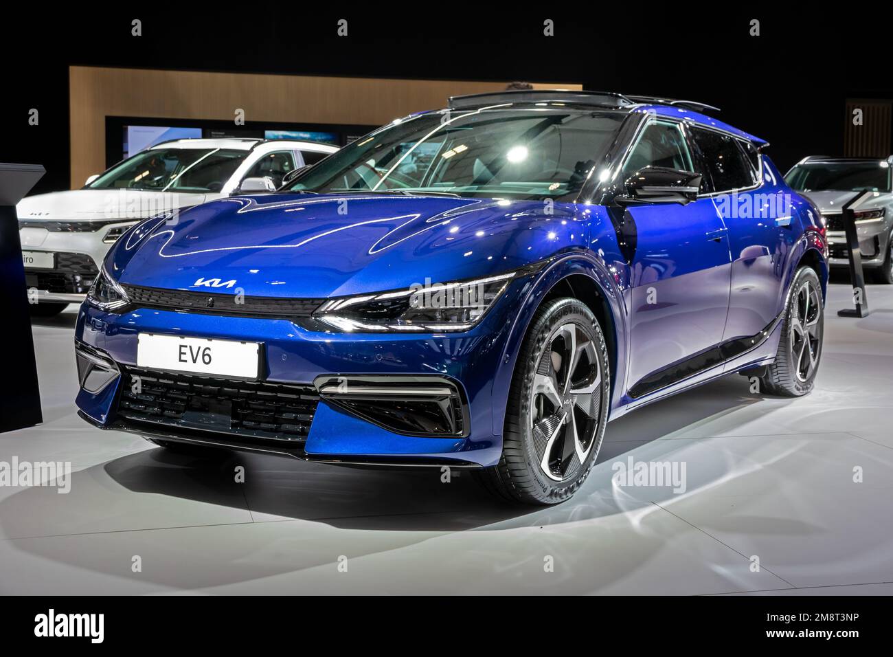 Kia EV6 full electric sporty crossover car at the Brussels Autosalon European Motor Show ...