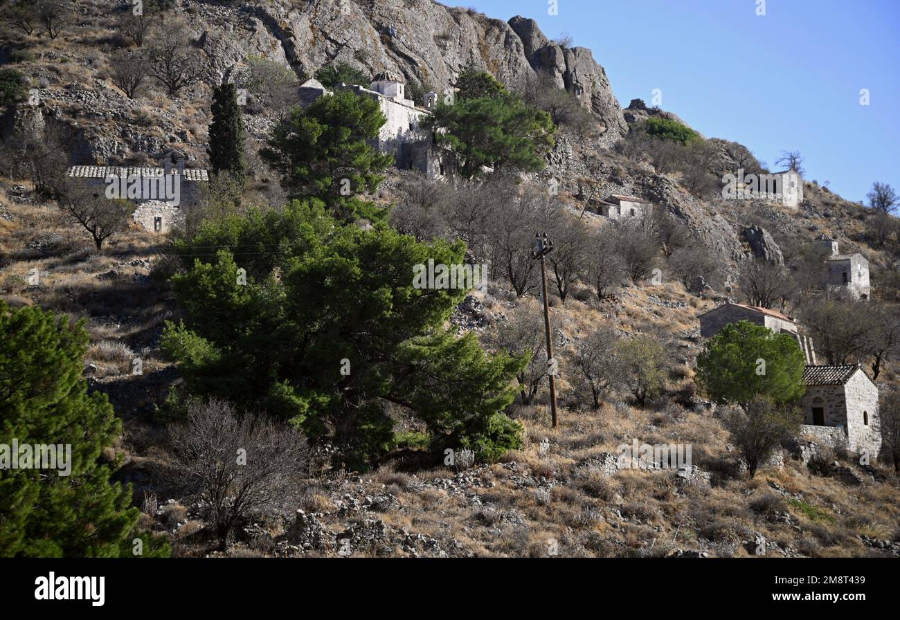 Landscape with scenic view of ancient Byzantine churches at the ...