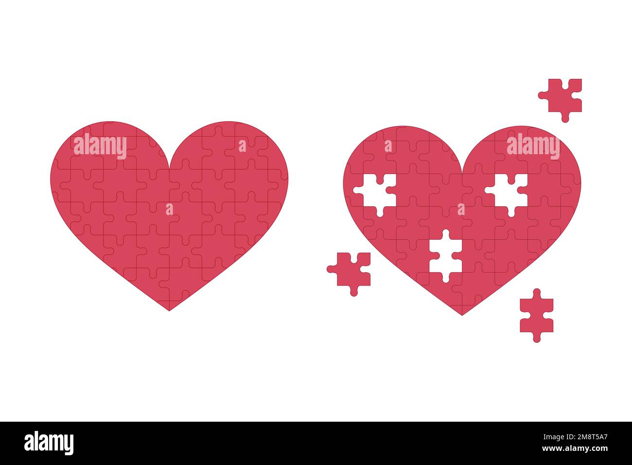 Puzzle hearts set. Whole and broken heart isolated. Flat vector ...