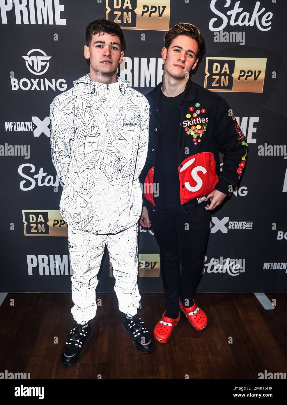 London, UK. 14th Jan, 2023. Max & Harvey attends the KSI vs FaZe ...