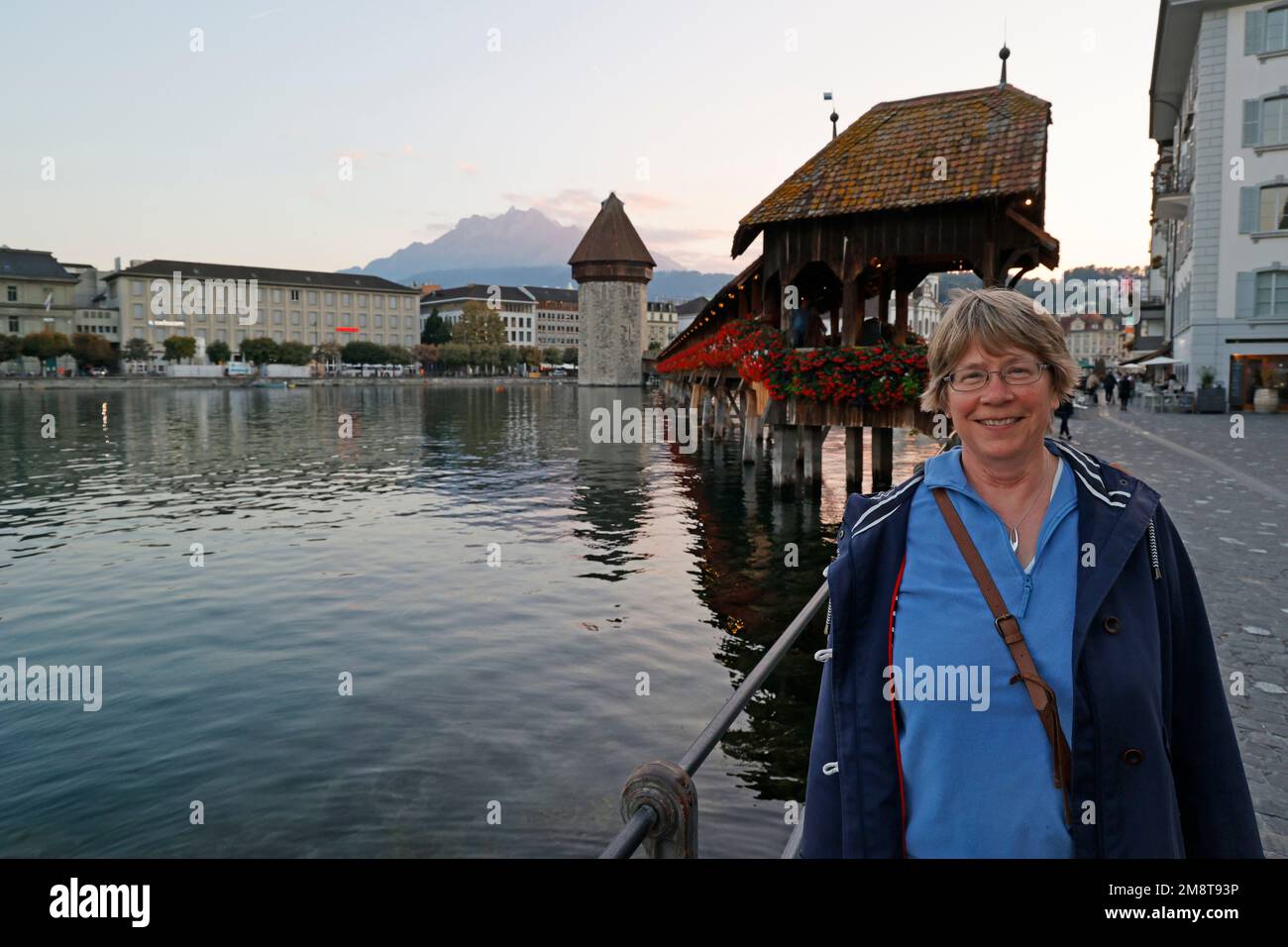 Chapel bridge (Kapelbrücke) and Water Tower across the river Reuss ...