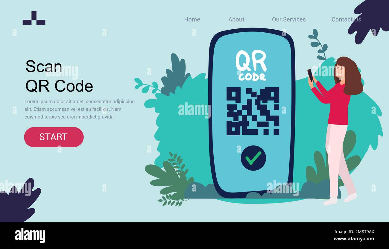 banner landidng page QR code scanning icon in smartphone. hand holding ...