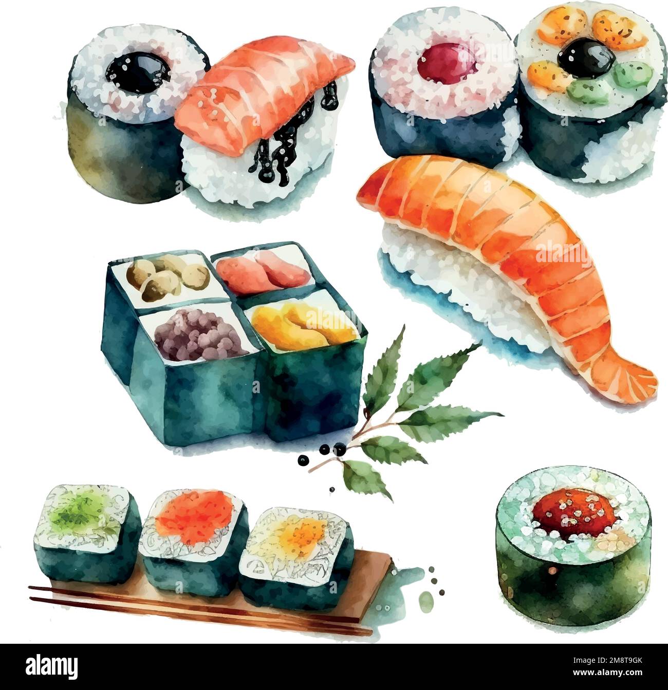 set of beautiful tasty japanese sushi seafood - watercolor hand drawn ...