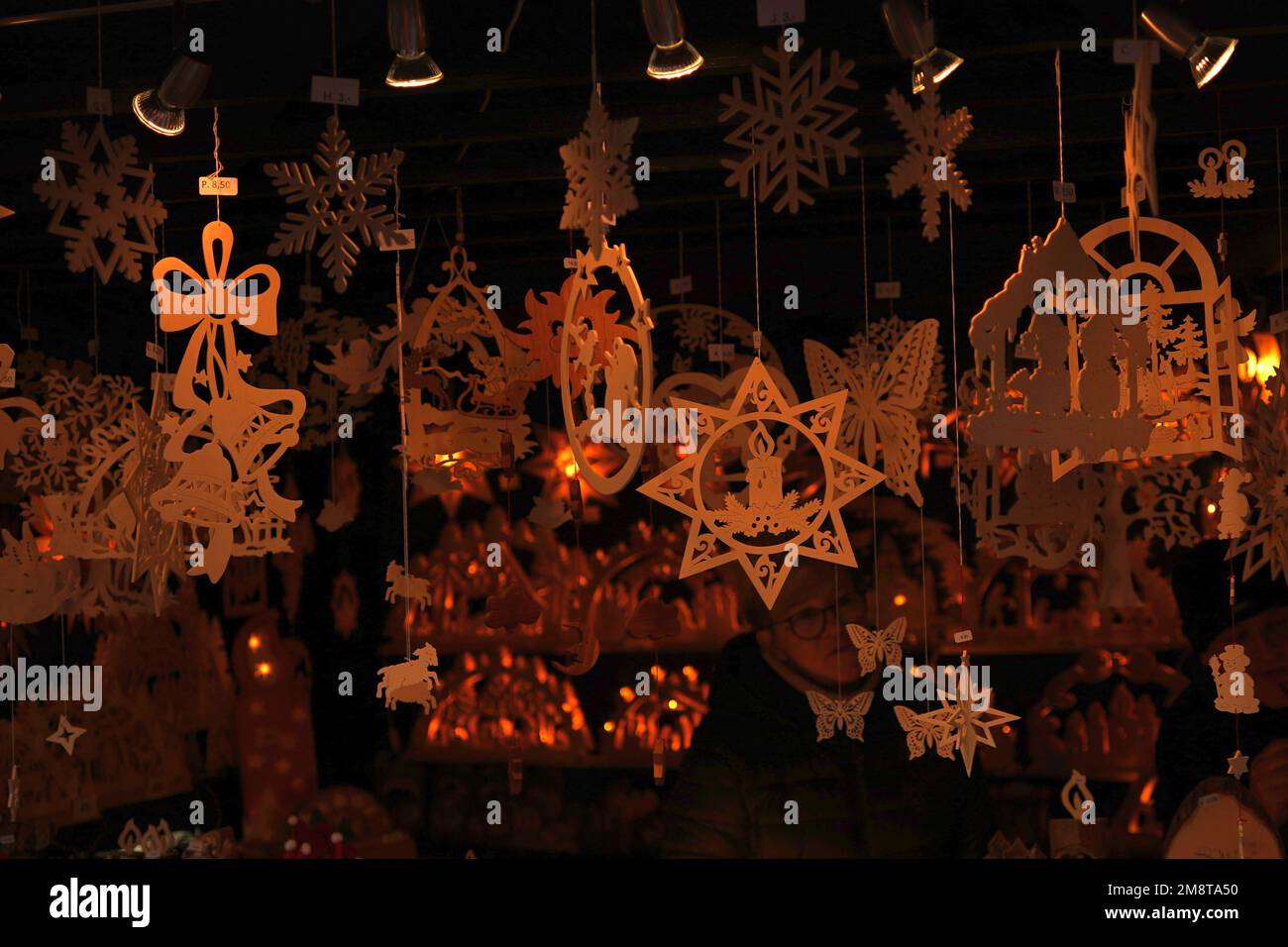 Christmas goods on sale in winter market stalls, Germany, Winter 2022 ...