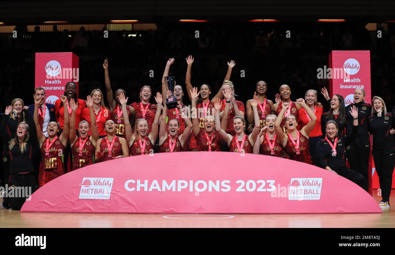 England lift the Vitality Netball International Series trophy after ...