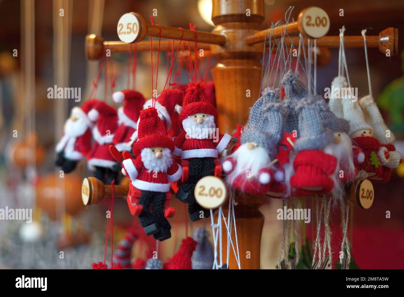 Christmas Santa's on sale in winter market stalls, Germany, Winter 2022 ...