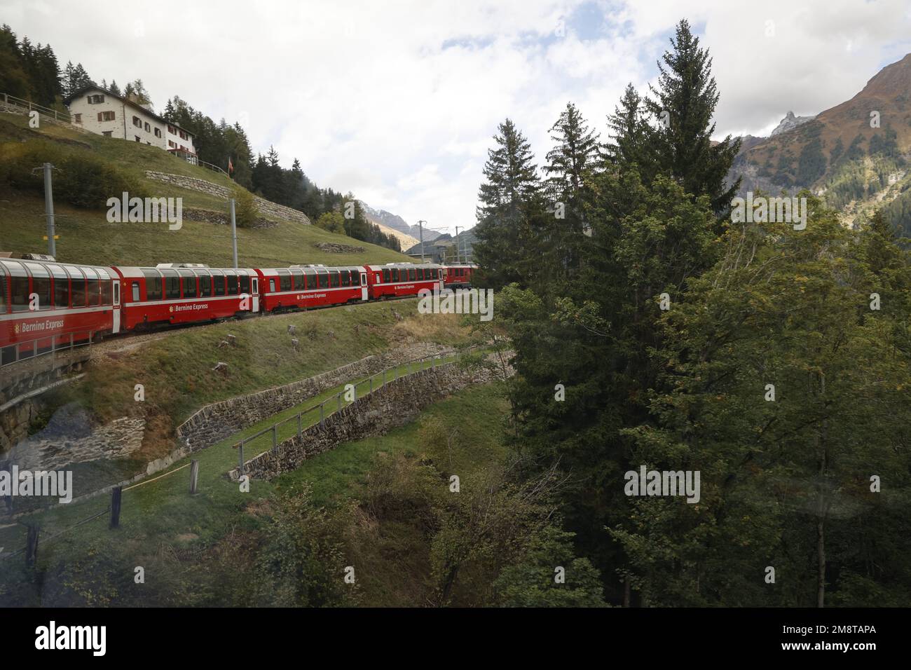 Bernina Express train climbing on a curve, Alps, Switzerland Stock ...