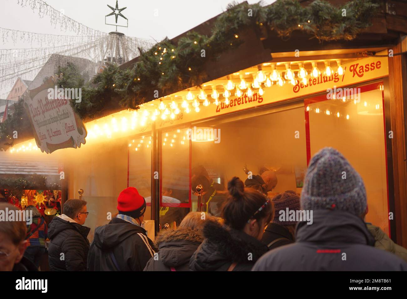 A steamy food stall, in the winter markets, Frankfurt, Germany, Winter ...