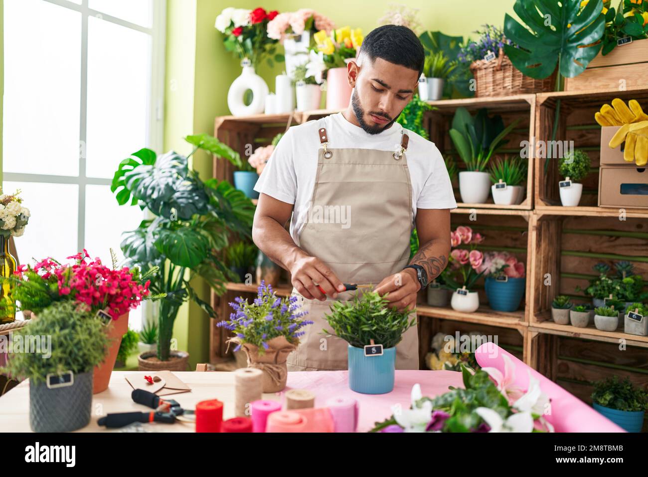 Young latin man florist cutting plants at flower shop Stock Photo - Alamy