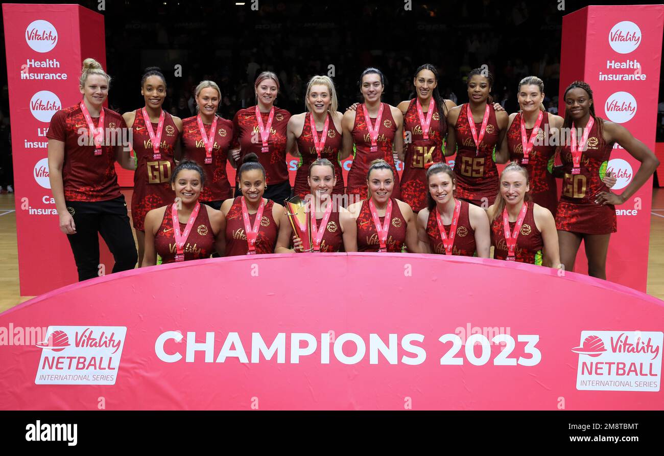 England pose with the Vitality Netball International Series trophy ...