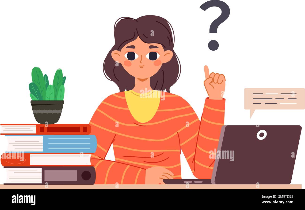 Cartoon student looking answers in books and computer. Teen girl has ... Cartoon student looking answers in books and computer. Teen girl has ...