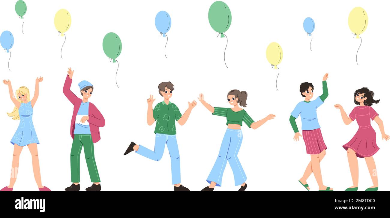 Happy dancing young adults couples. Cartoon teenagers dance on party ...
