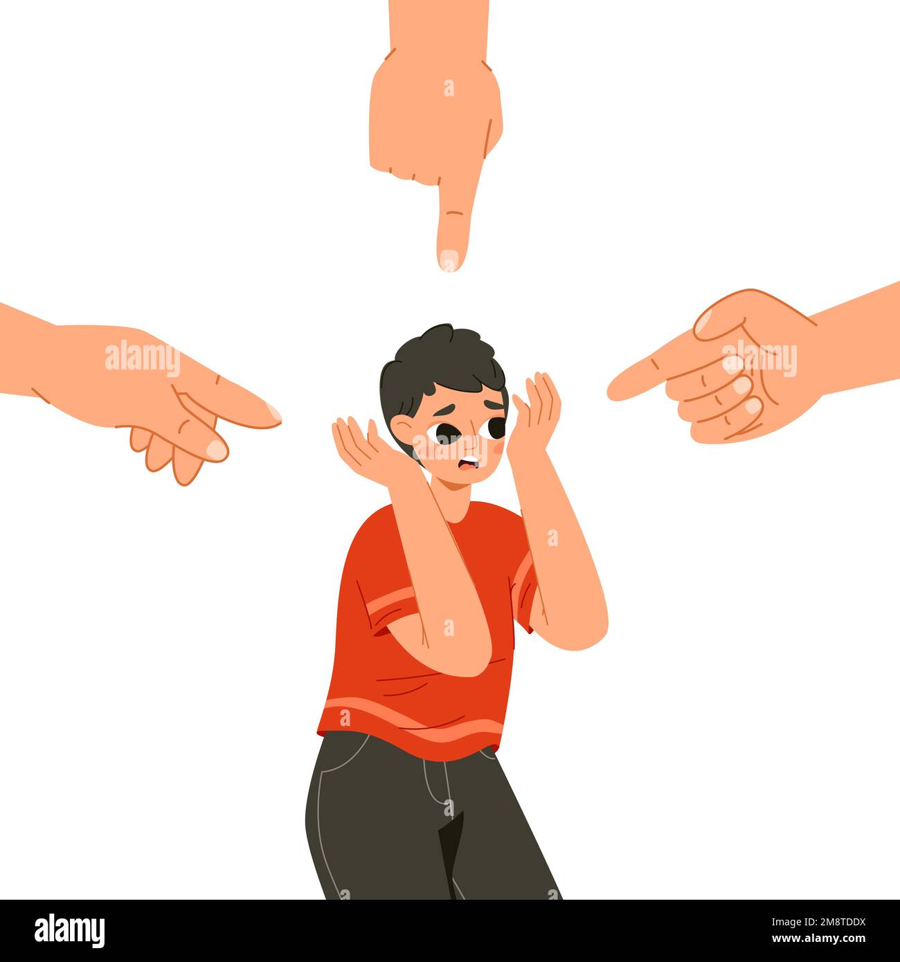 People point on scared sad teen. Giant human hands, stressed boy afraid ...