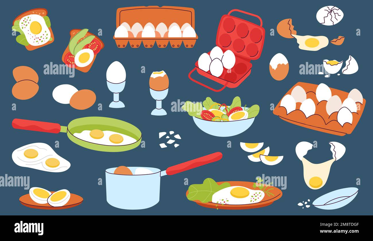 Cartoon eggs food, raw egg and various pack. Breakfast time, bakery ...