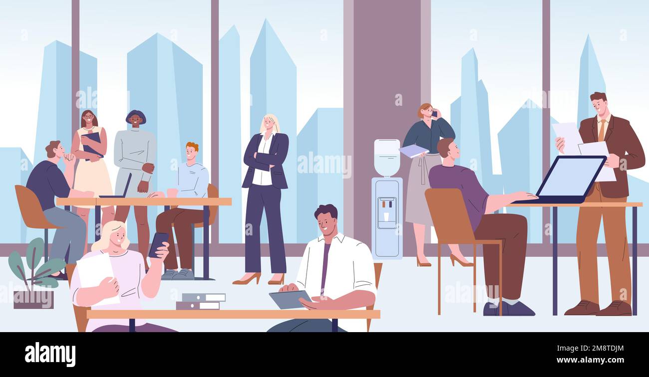 Business office in skyscraper. Managers and workers, clerks, financial ...