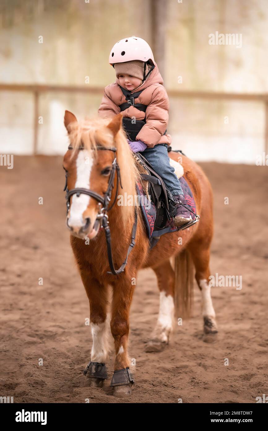 Little Child Riding Lesson. Three-year-old girl rides a pony and does ...