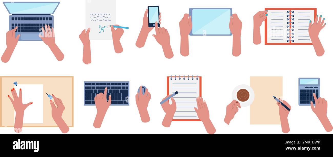 Office hands top view. Hand writing diary, notebook and work on ...