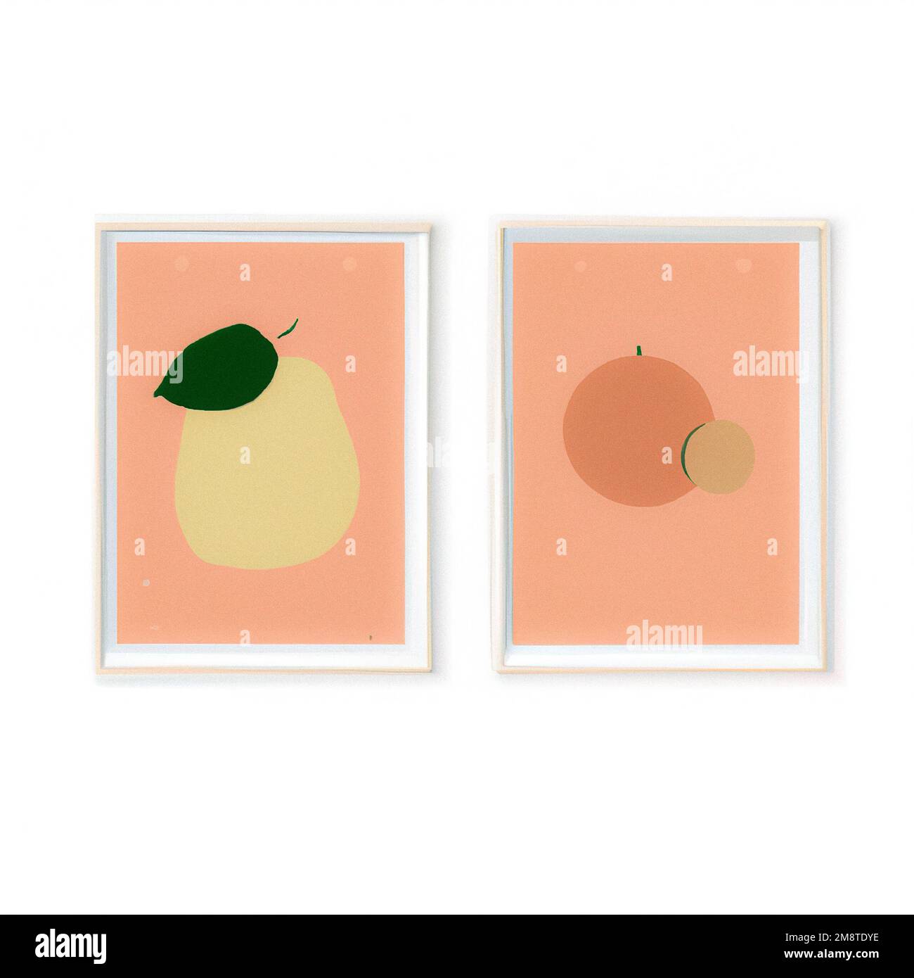 A wall art illustration of a pear and an orange, in two rectangular frames on a white background ...
