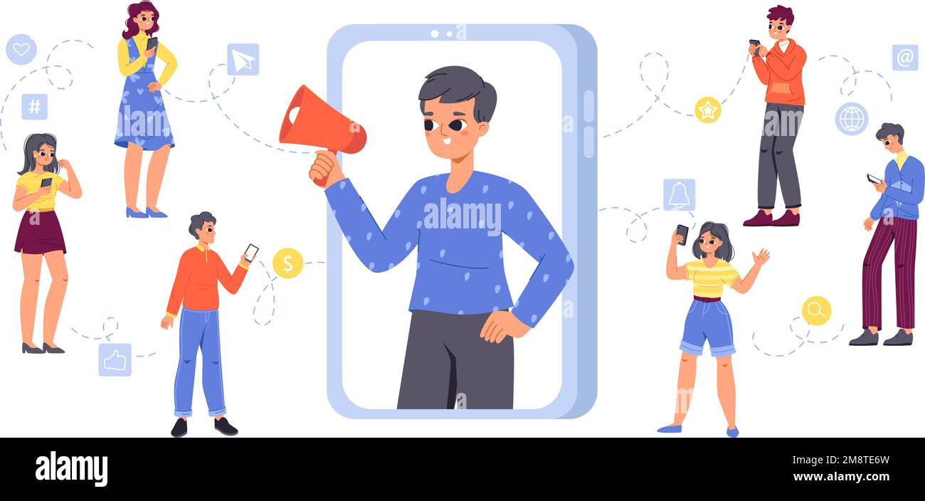 Social media celebrity, influencer marketing in phone. Engagement in ...