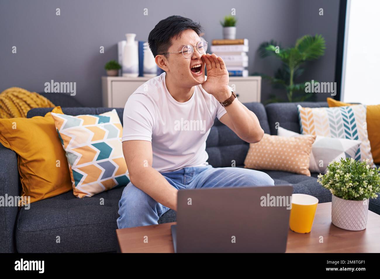 Young asian man using laptop at home sitting on the sofa shouting and ...