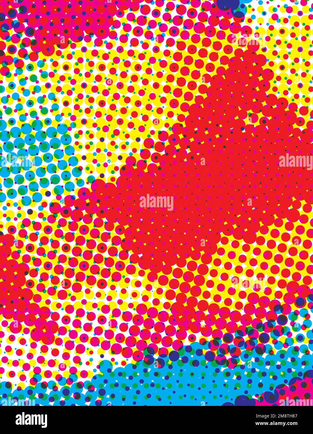 Abstract artistic halftone pattern with red, blue and yellow dots ...