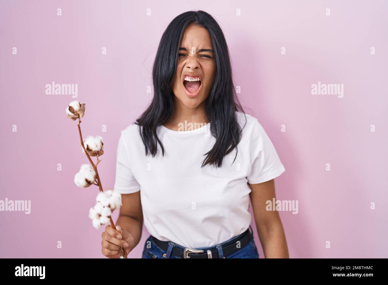 Brunette woman standing over pink background angry and mad screaming ...