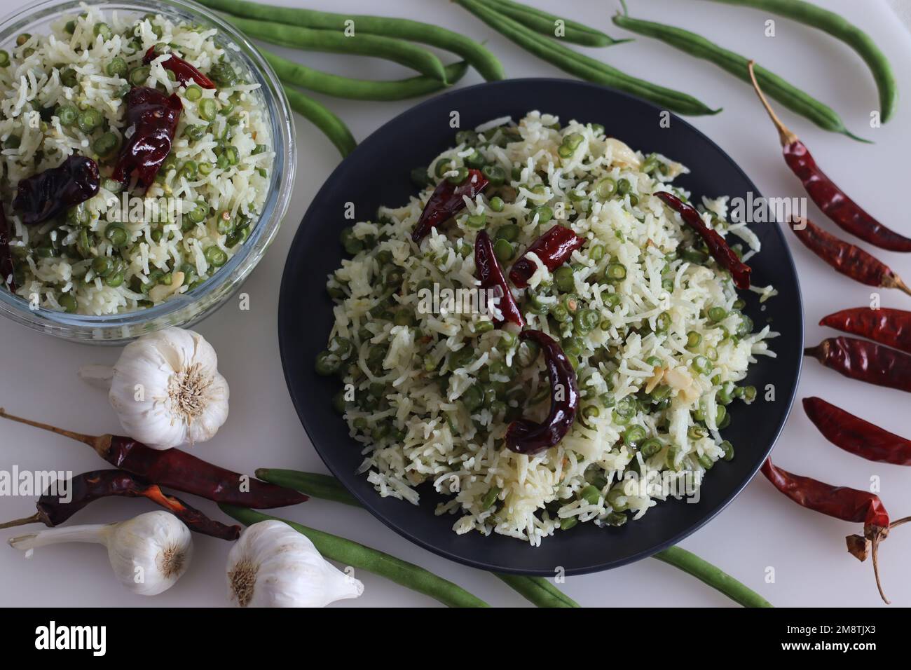 Burnt chilly garlic beans fried rice. Basmati rice with generous amount ...