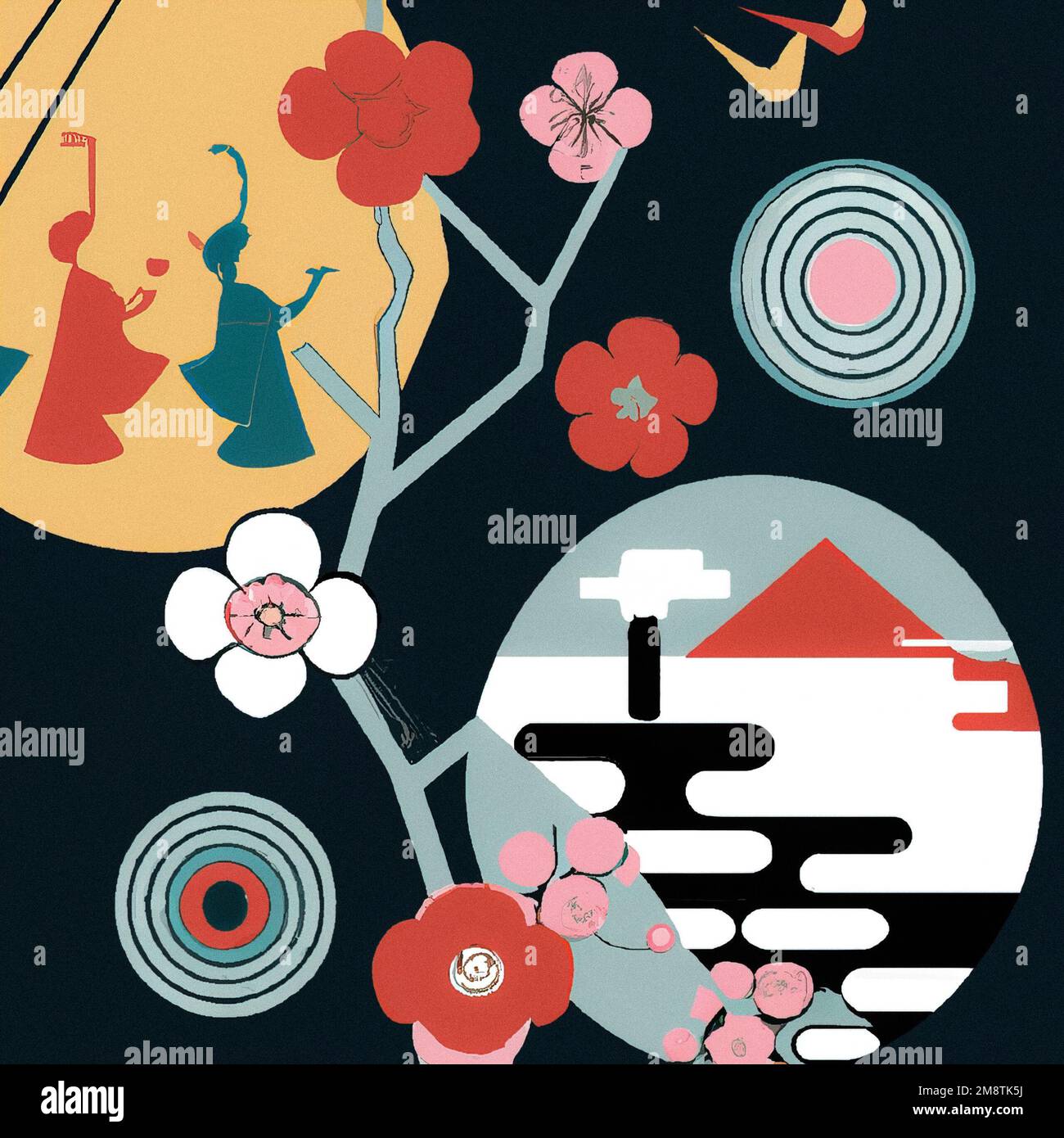 A vibrant illustration with asian elements for a poster Stock Photo - Alamy