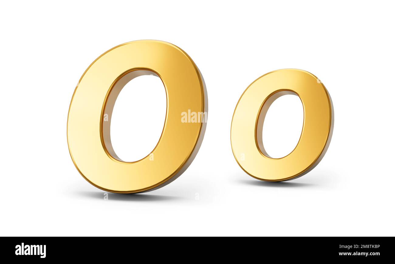 A 3D rendering of the golden letter O isolated on the empty white ...