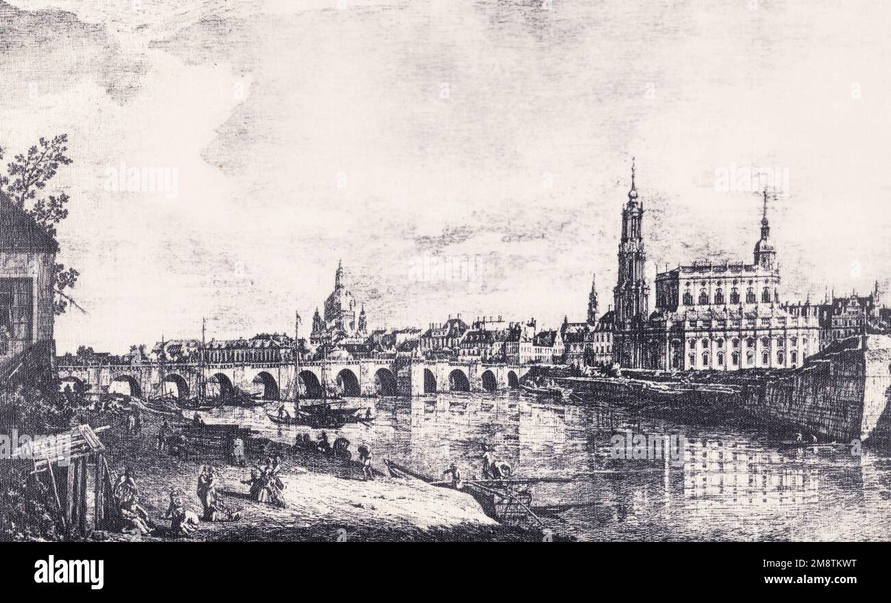 City of Dresden engraving. Landmark old bridge and castles. Buildings ...