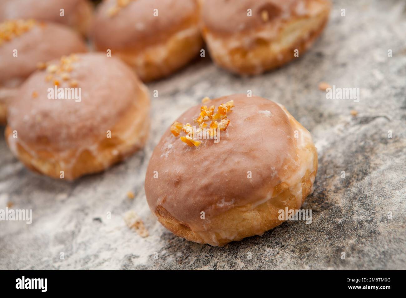 Fat Thursday. Photos of donuts with cherry filling and icing. Donuts ...