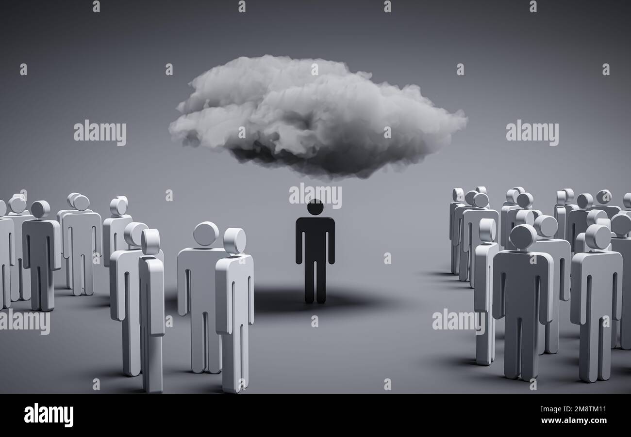 Outsider - dark cloud hanging over someone. 3d illustration of a lonely ...
