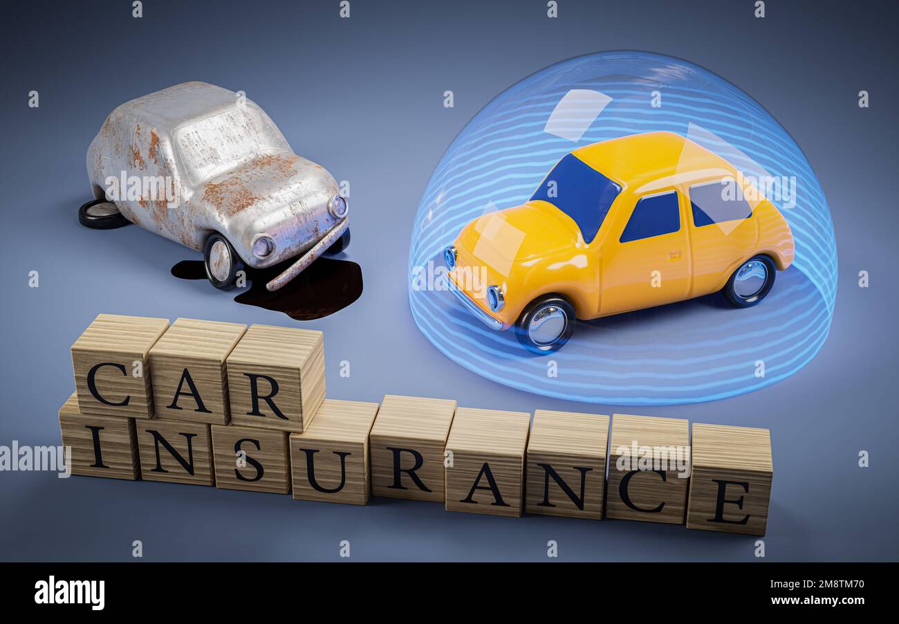 Car insurance concept. 3d illustration. A toy car protected by a force ...