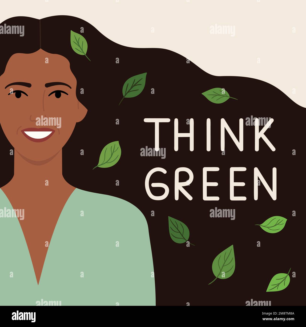 Think green ecology card. Black African woman with green leaves in her ...