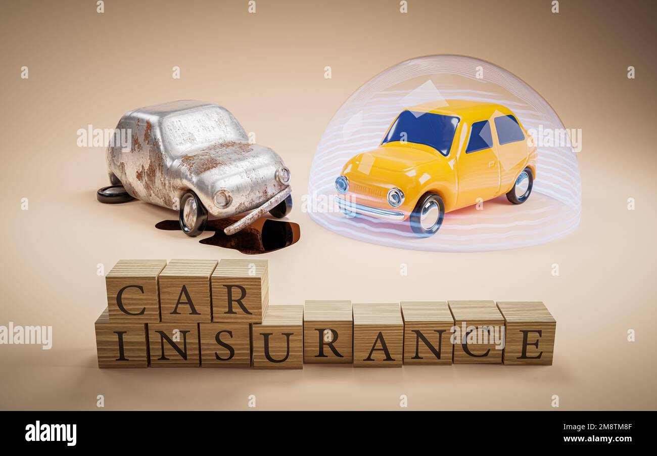 Car insurance concept. 3d illustration. A toy car protected by a force ...