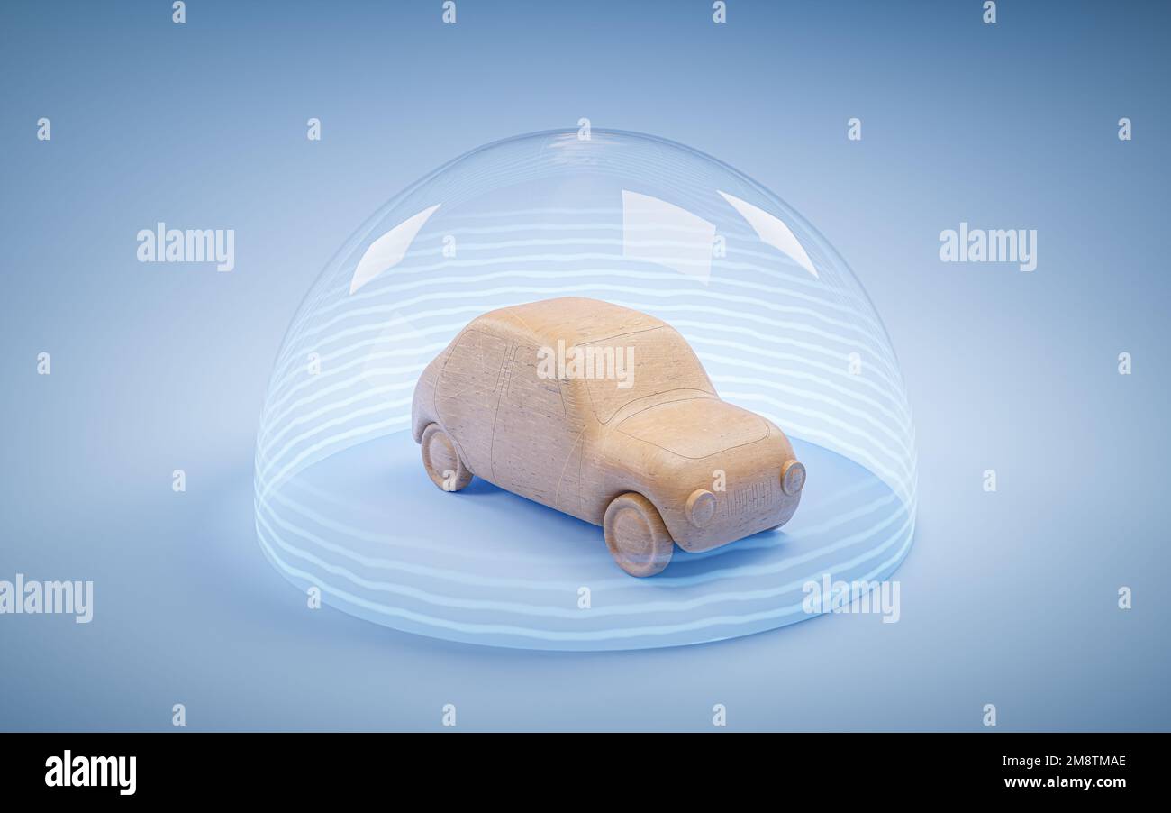 Car insurance symbol. 3d illustration. A wooden car protected by a ...