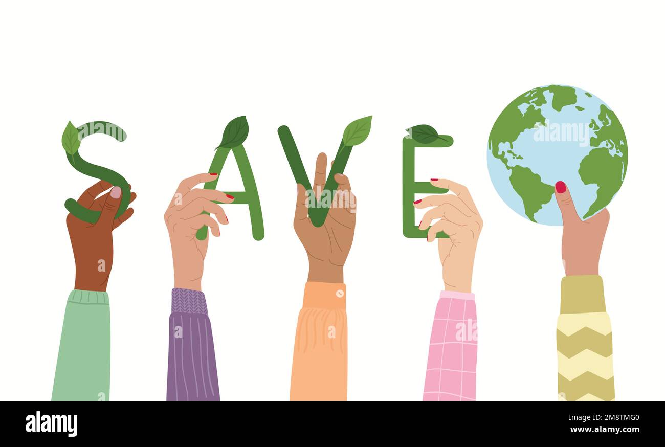Save the planet ecology card. Diverse people hold letters save to ...