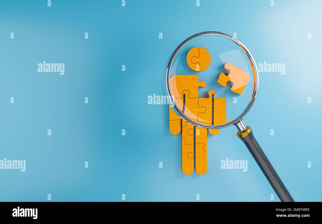 A minimalist figure consisting of a puzzle under a magnifying glass of ...