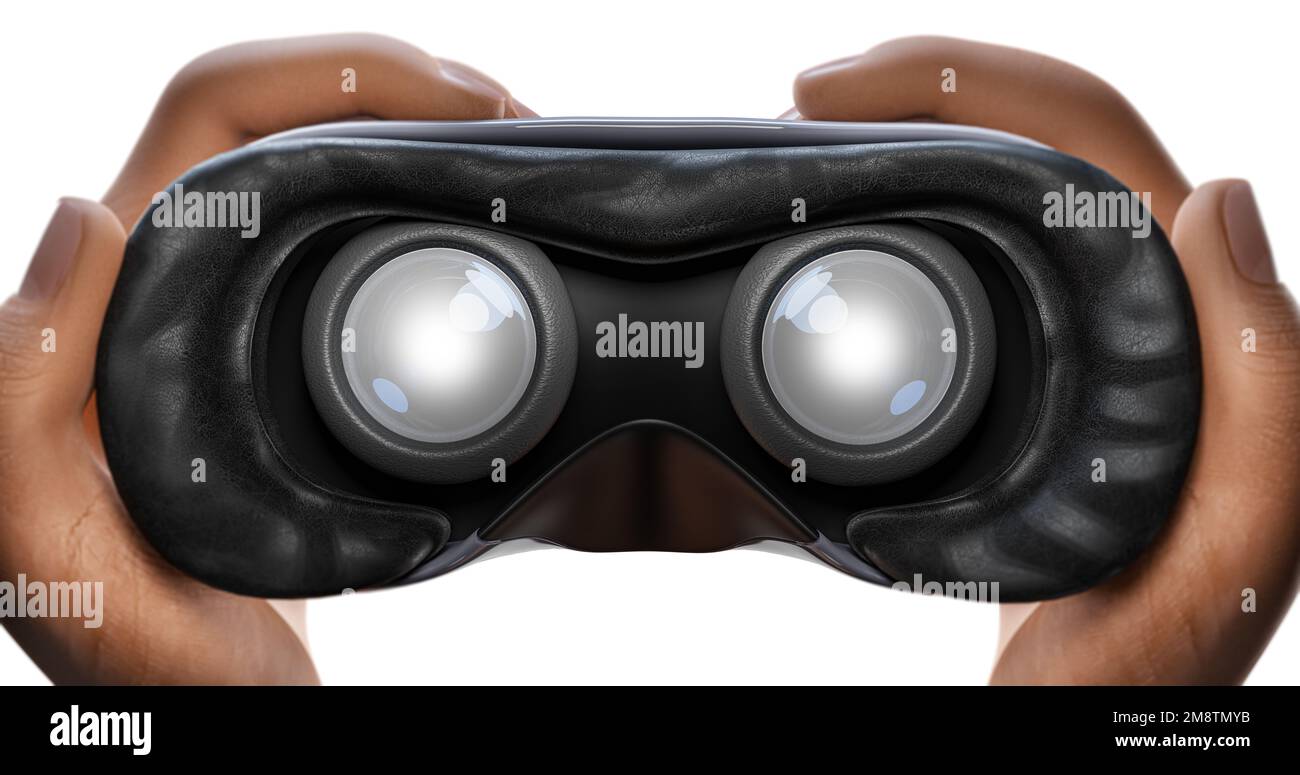 Vr goggles in hands and eye lenses with glossy effect - 3d illustration ...